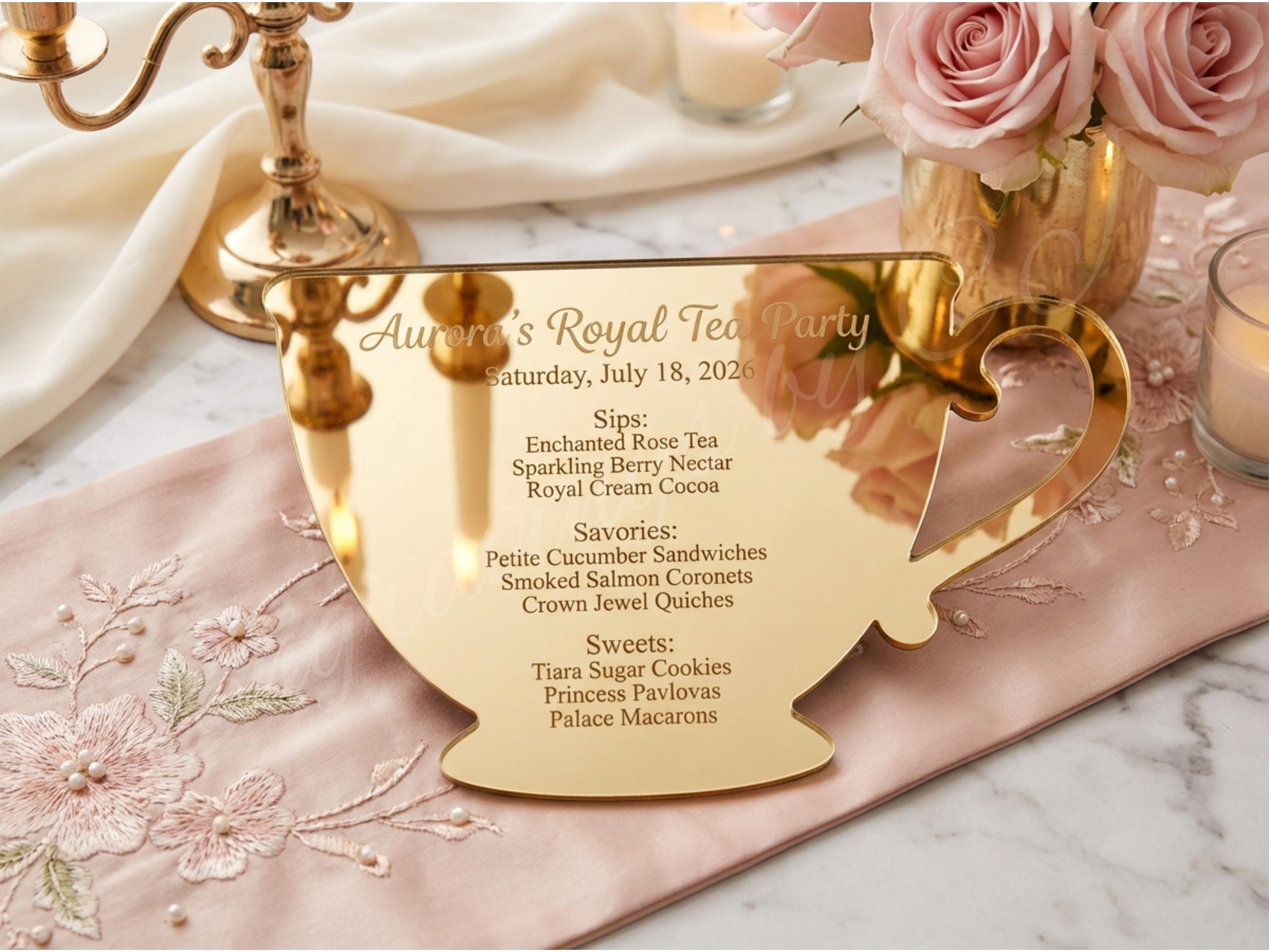 Gold Mirror Teacup Menu Sign, Princess Tea Party Decor, Custom Engraved ...