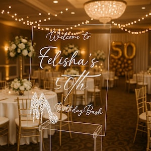 Elegant 50th Birthday Welcome Sign for Women – Clear Acrylic Sign With ...