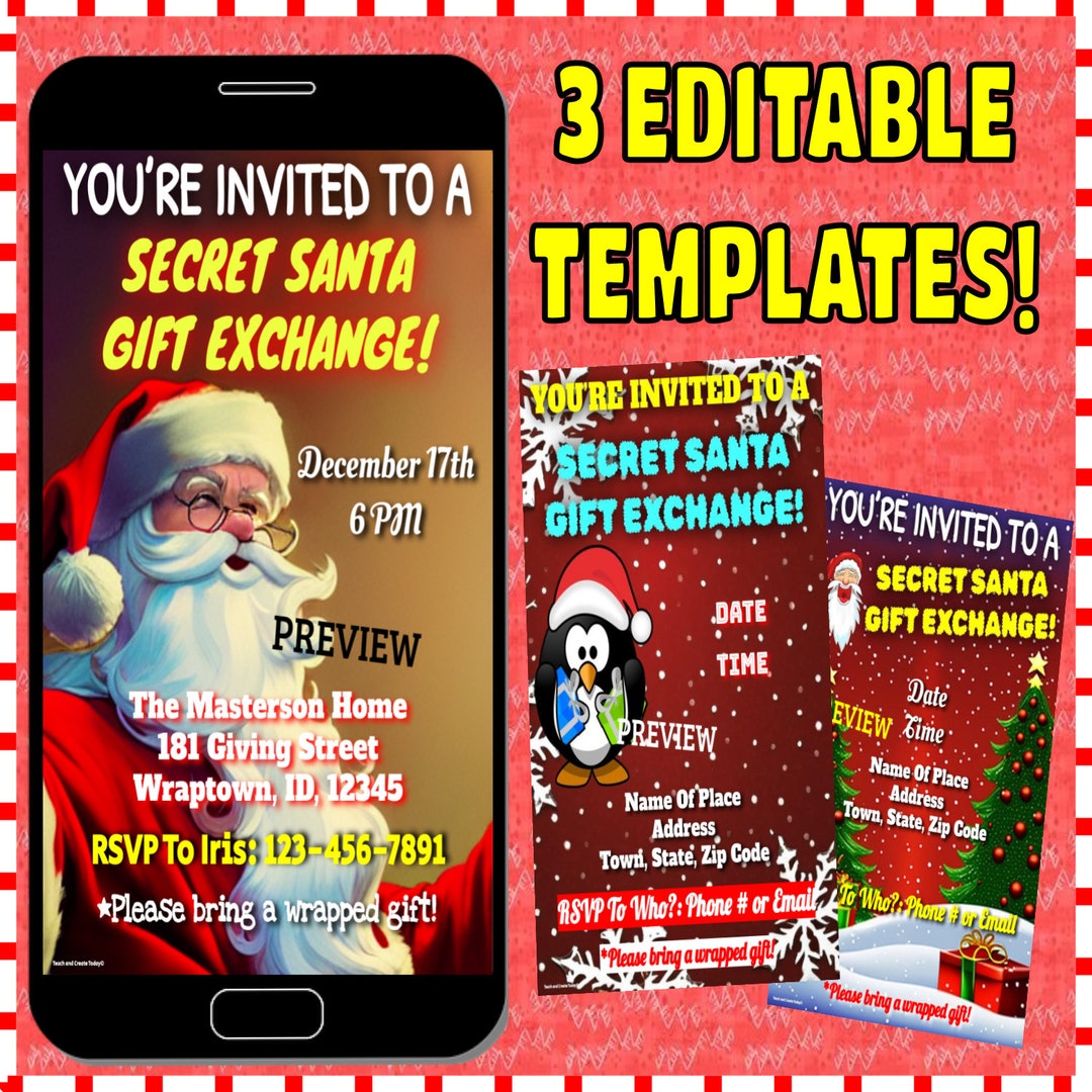 Christmas Secret Santa Party Invitations- Three Personalized Editable ...