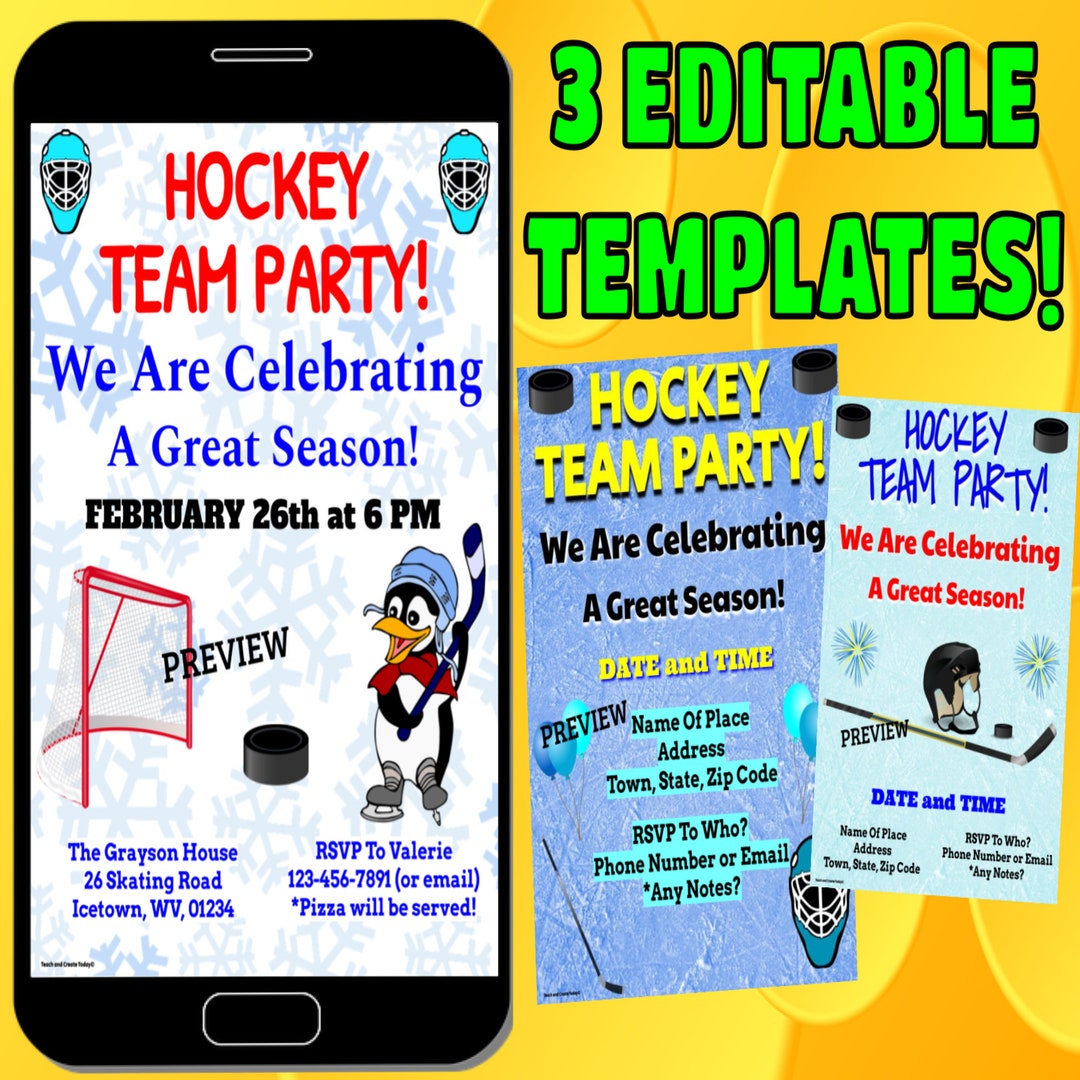 Hockey Team Party Invitations- Three Personalized Editable Templates on ...