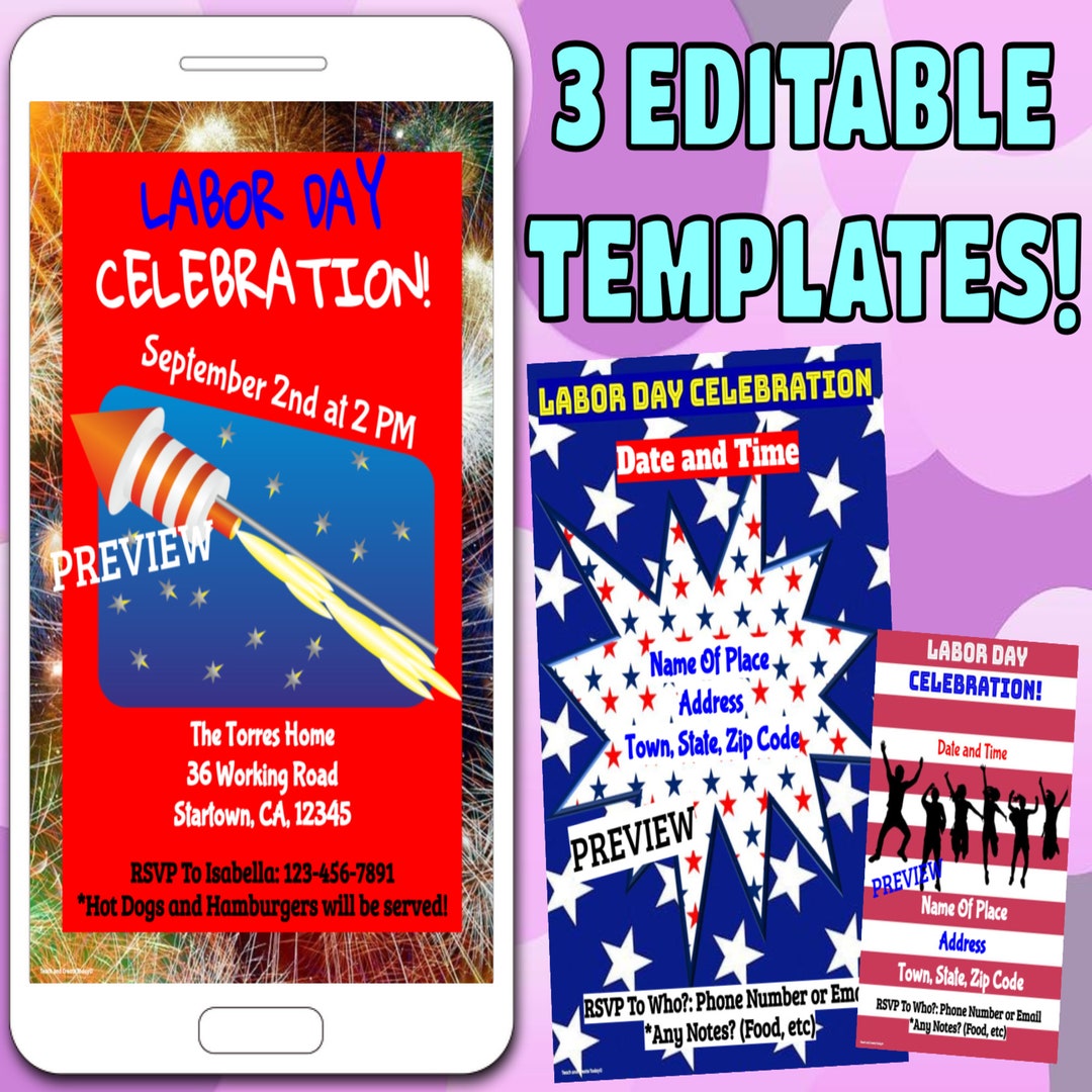 Labor Day Party Invitations- Three Personalized Editable Templates on ...