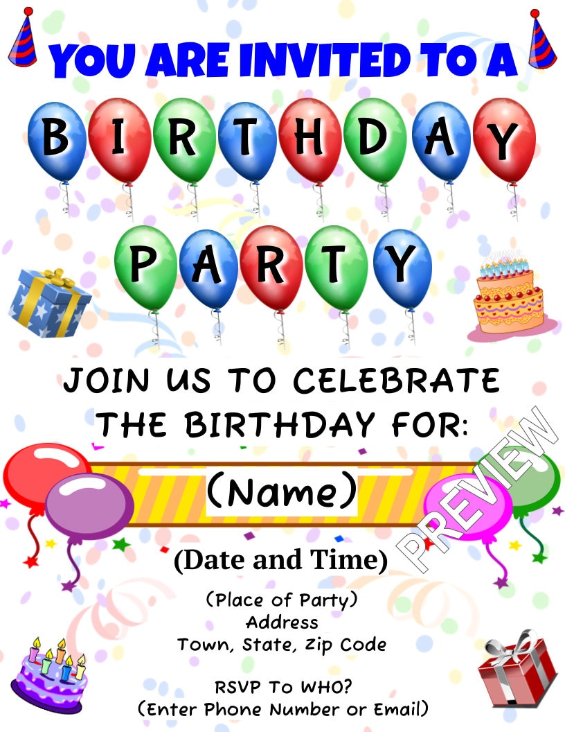 Birthday Party Invitations- Three Personalized Editable Templates on ...