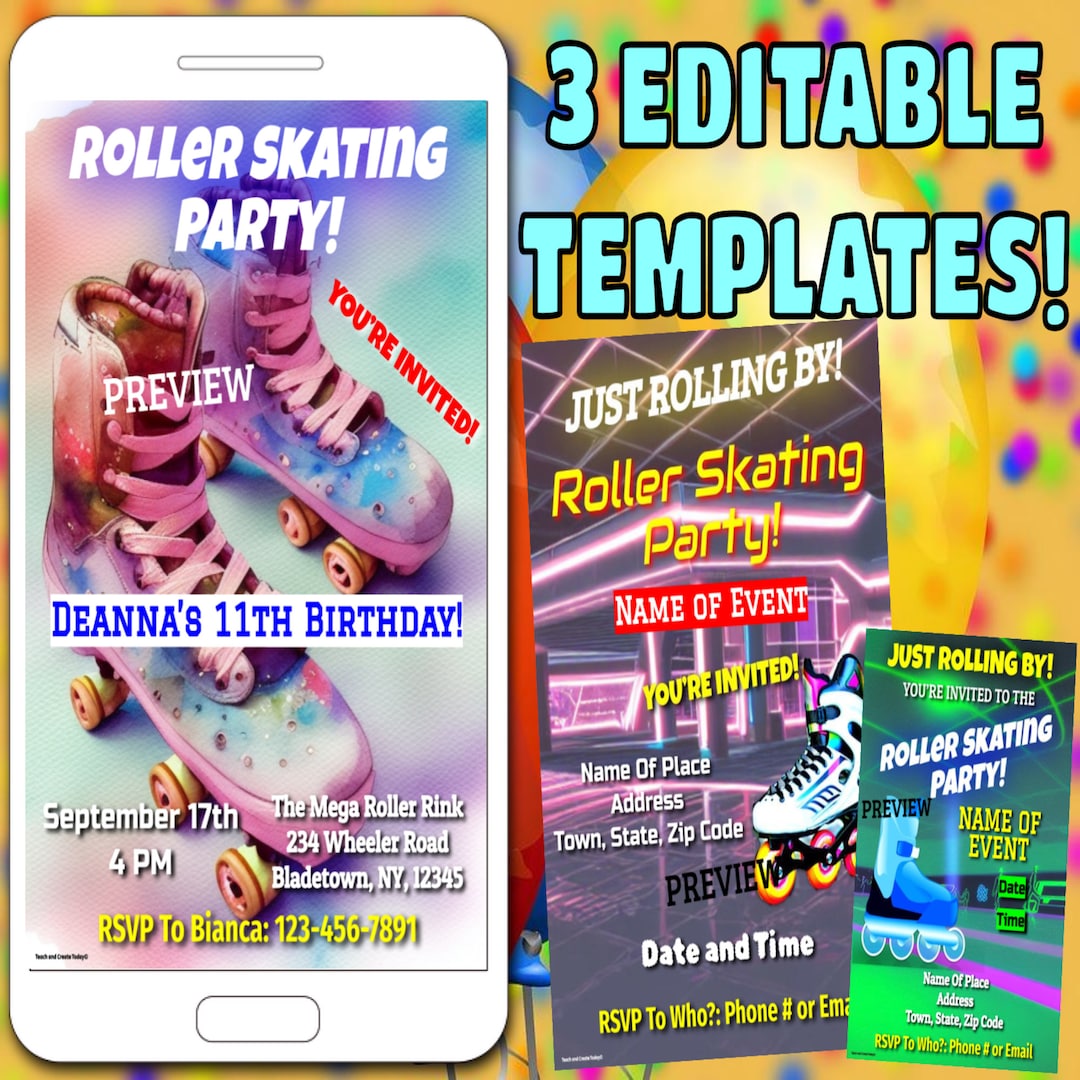 Roller Skating Birthday Party Invitations- Three Personalized Editable ...