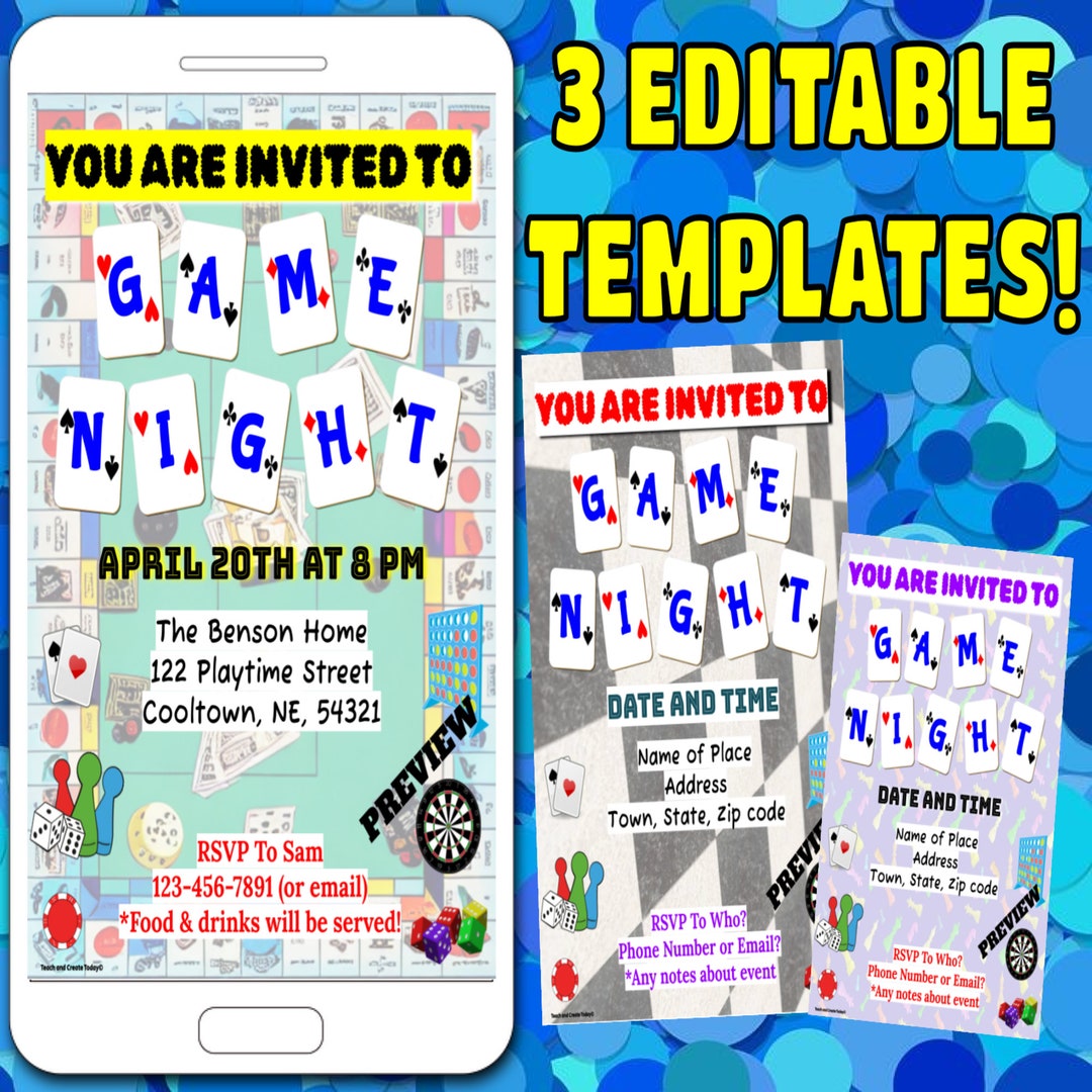 Game Night Party Invitations- Three Personalized Editable Templates on ...