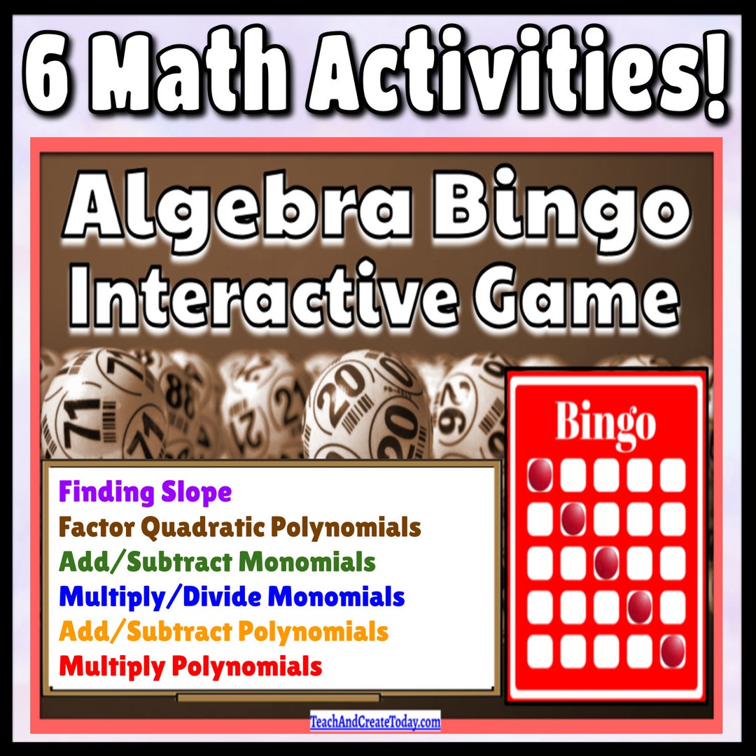 Algebra I Math Bingo Games Set #2- Slope, Factor Quadratic Polynomials ...