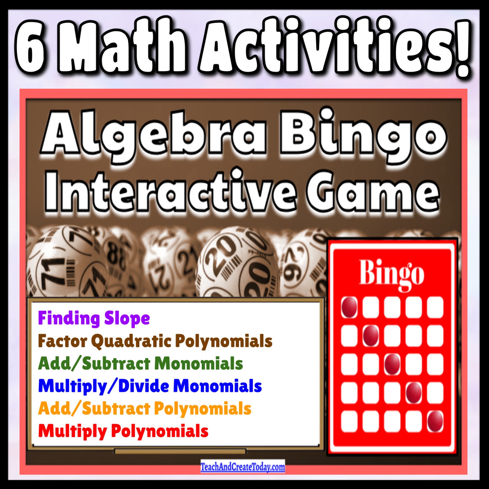 Algebra I Math Bingo Games Set #2- Slope, Factor Quadratic Polynomials ...