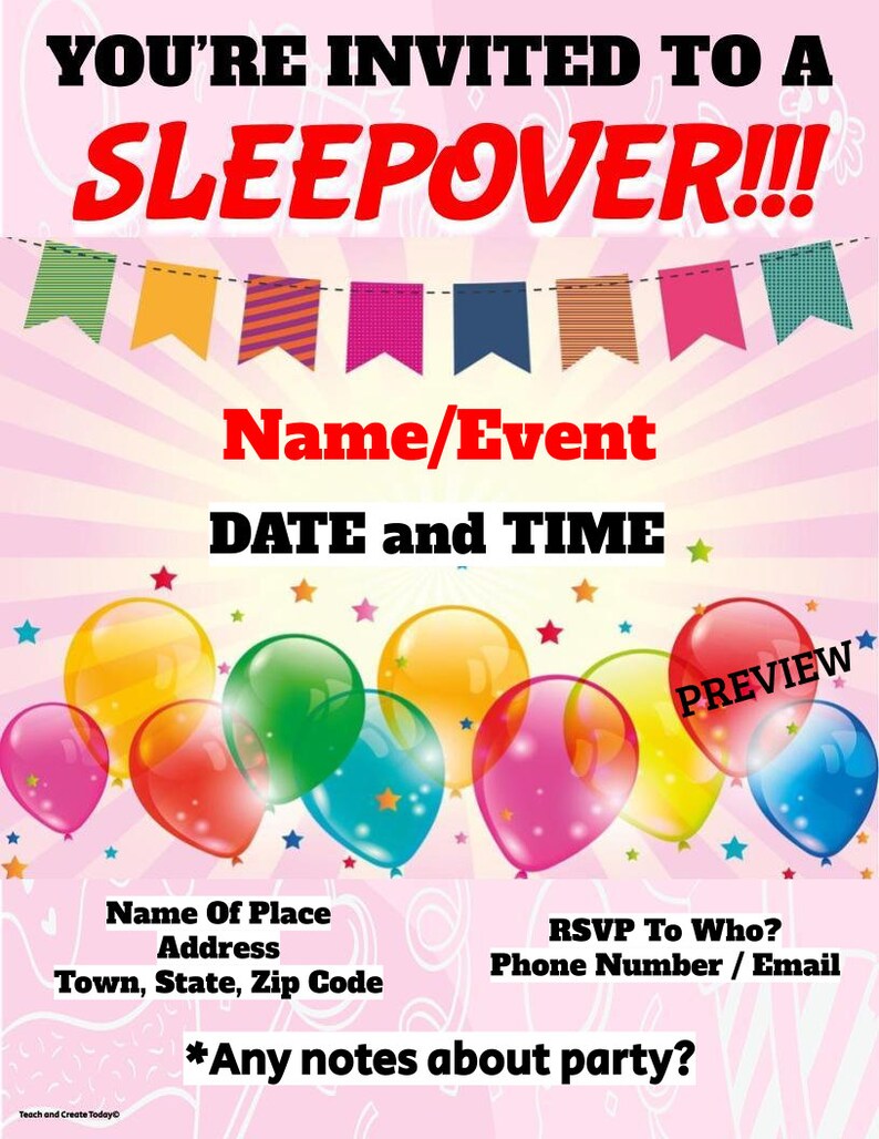 Sleepover Party Invitations Three Personalized Editable Templates on ...