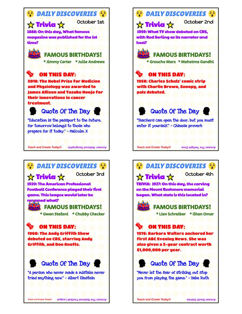 Lunch Box Notes for Kids - October Daily Discovery Cards - Printable ...