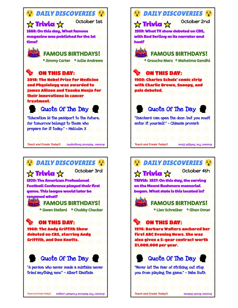 Lunch Box Notes for Kids - October Daily Discovery Cards - Printable ...