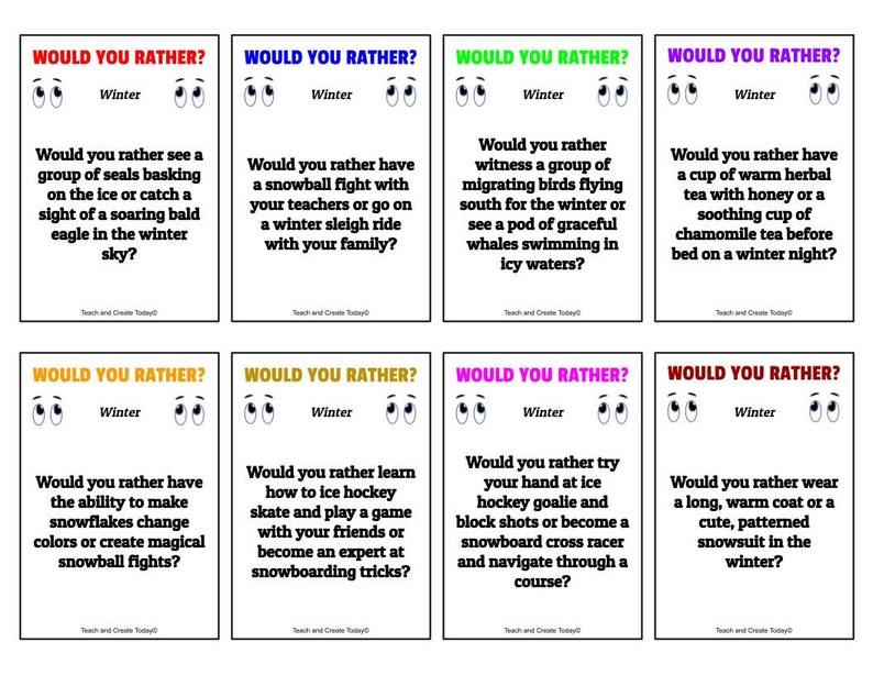 Would You Rather Cards- Winter Edition! Printable 100+ Questions for ...