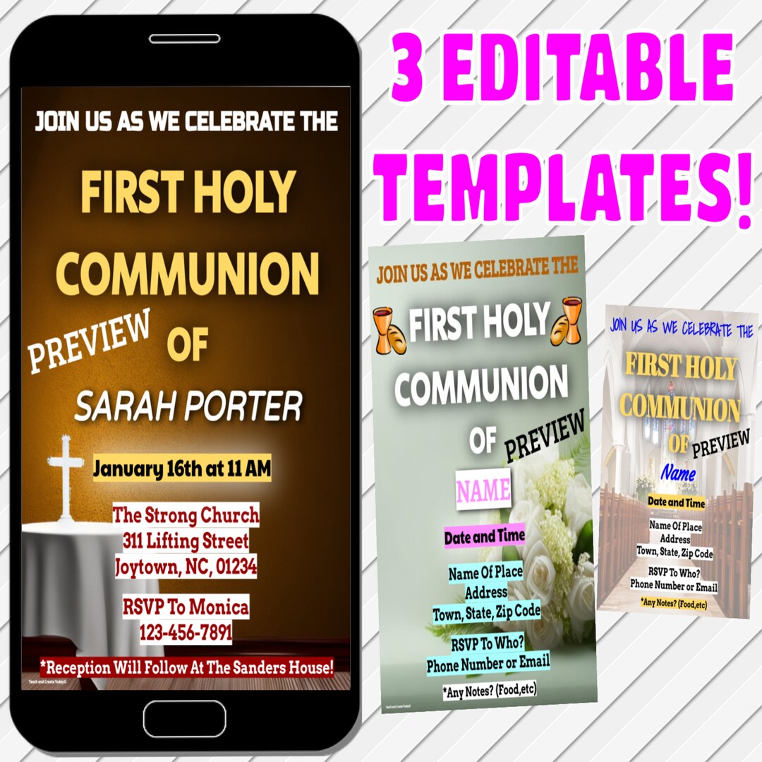 First Holy Communion Invitations- Three Personalized Editable Templates ...