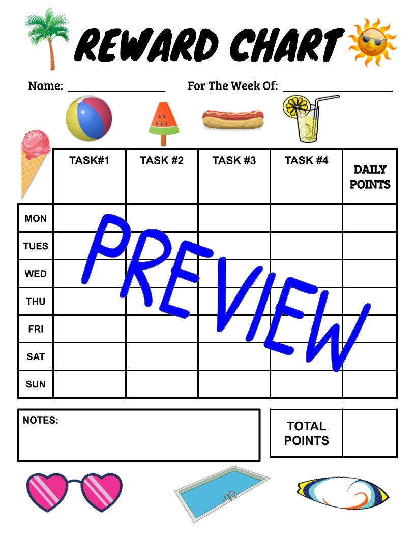 Weekly Reward Chart!! SUMMER Theme! Motivate Kids With Chores and Good ...