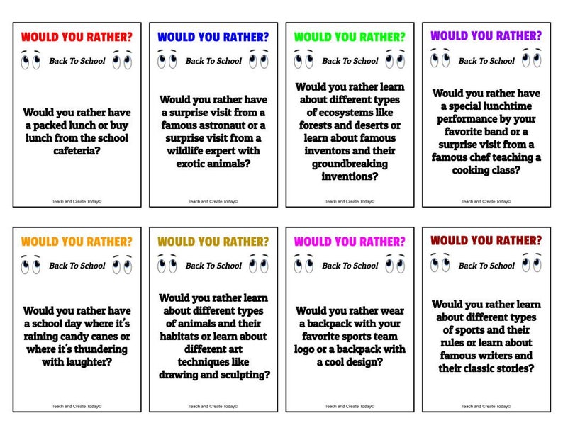 Would You Rather Cards- Back to School Edition! Printable 100 ...