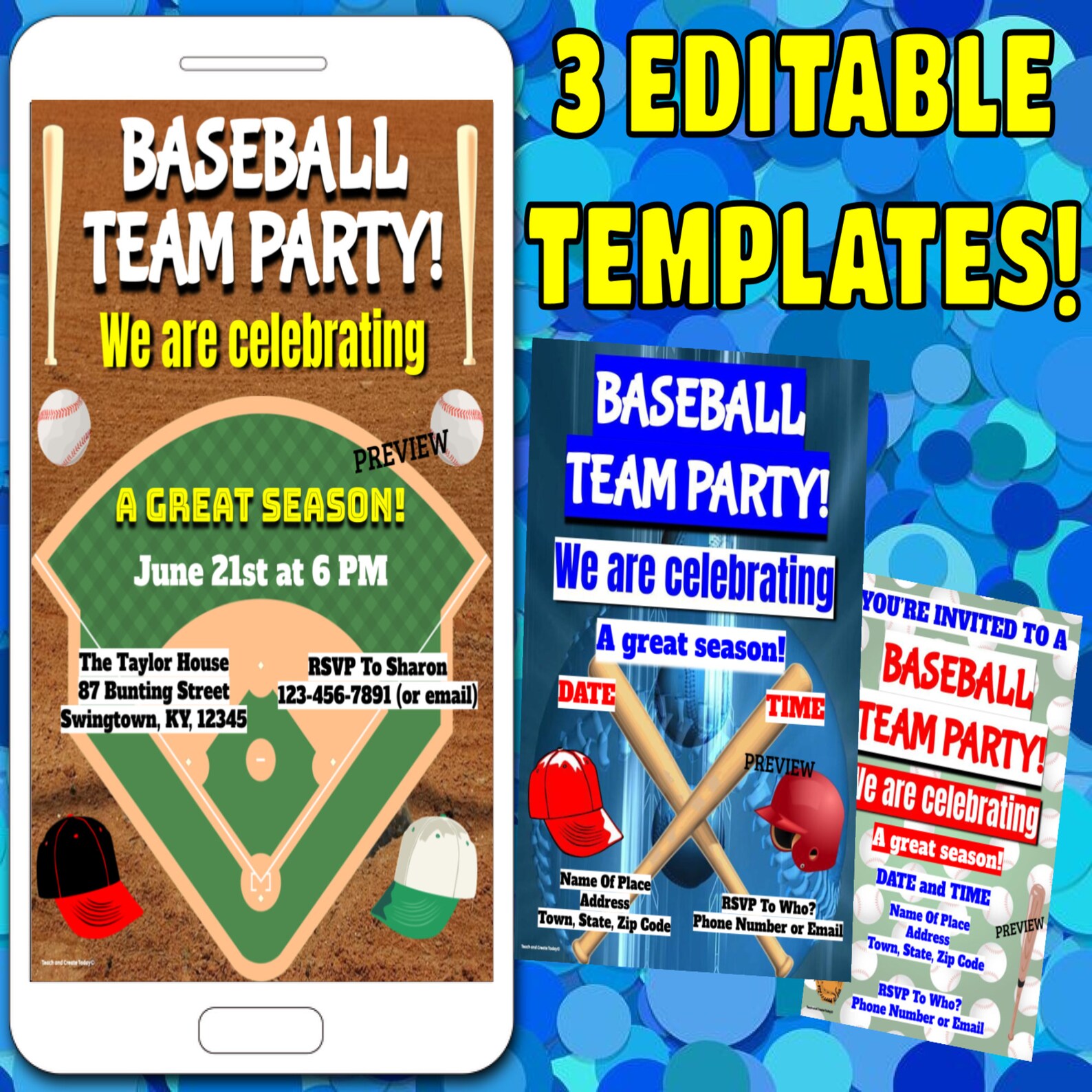 Baseball Team Party Invitations Three Personalized Editable Templates ...
