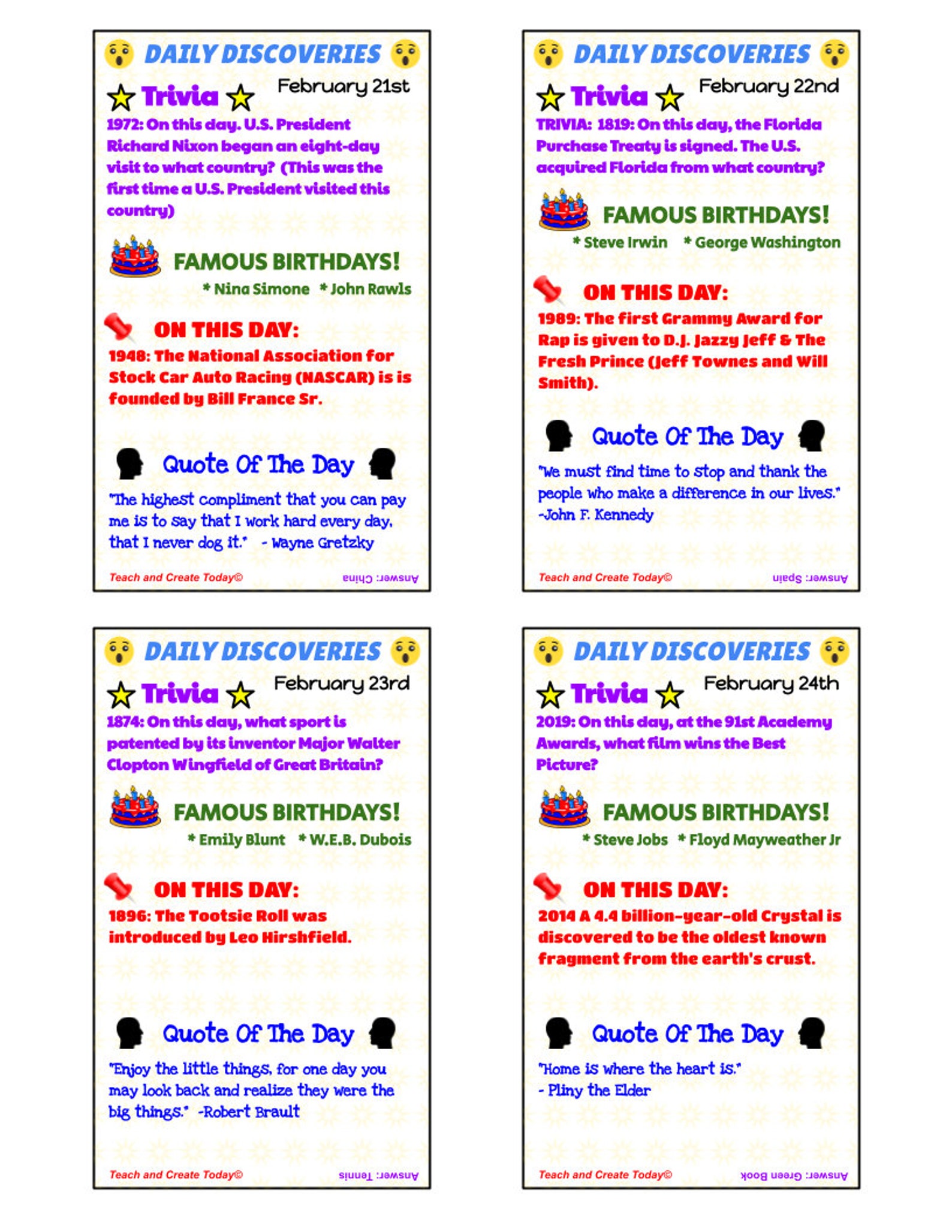 Lunch Box Notes for Kids - February Daily Discovery Cards - Printable ...