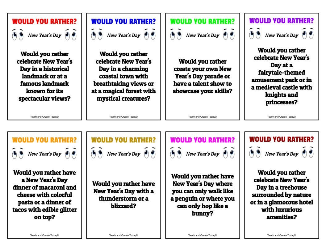 Would You Rather Cards-new Year's Day Edition! Printable 100+ Questions ...