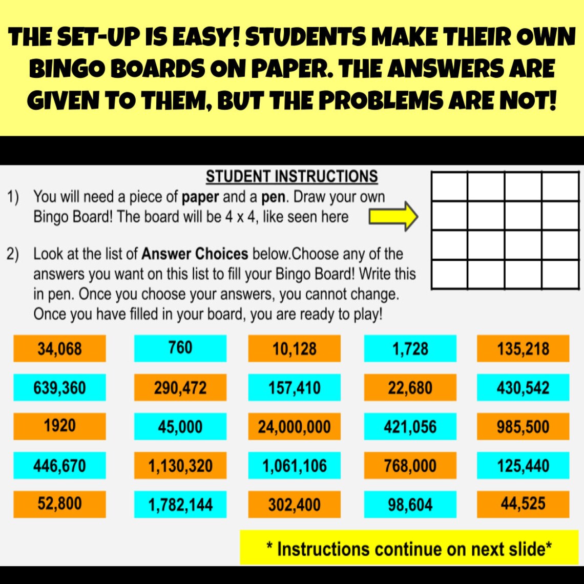 6th Grade Math Bingo Games Set 1 Add, Subtract, Multiply, Divide Whole ...