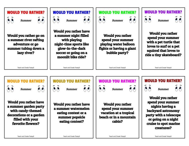 Would You Rather Cards - Summer Edition! Printable 100+ Questions for ...