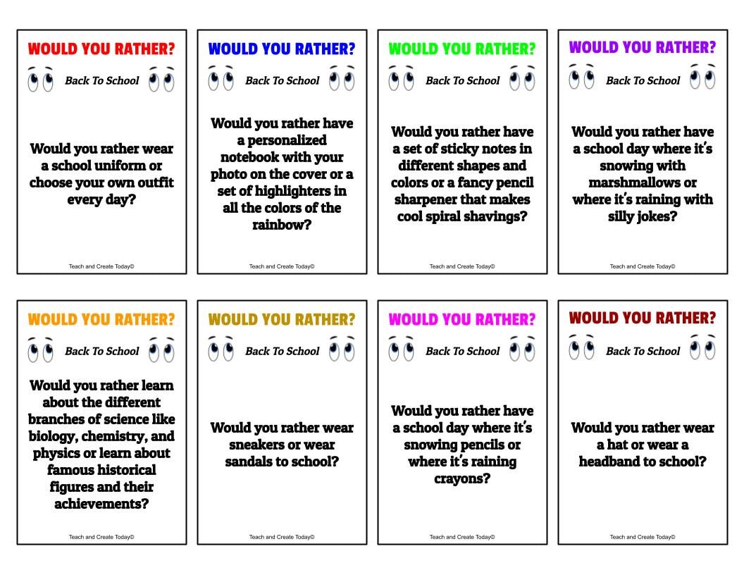 Would You Rather Cards- Back to School Edition! Printable 100 ...