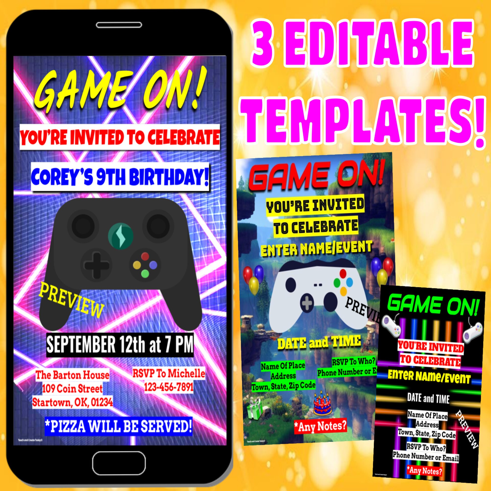 Gaming Birthday Party Invitations Three Personalized Editable Templates ...