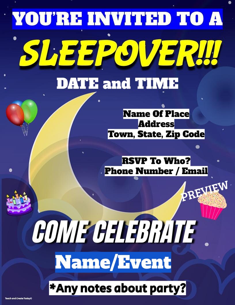Sleepover Party Invitations Three Personalized Editable Templates on ...