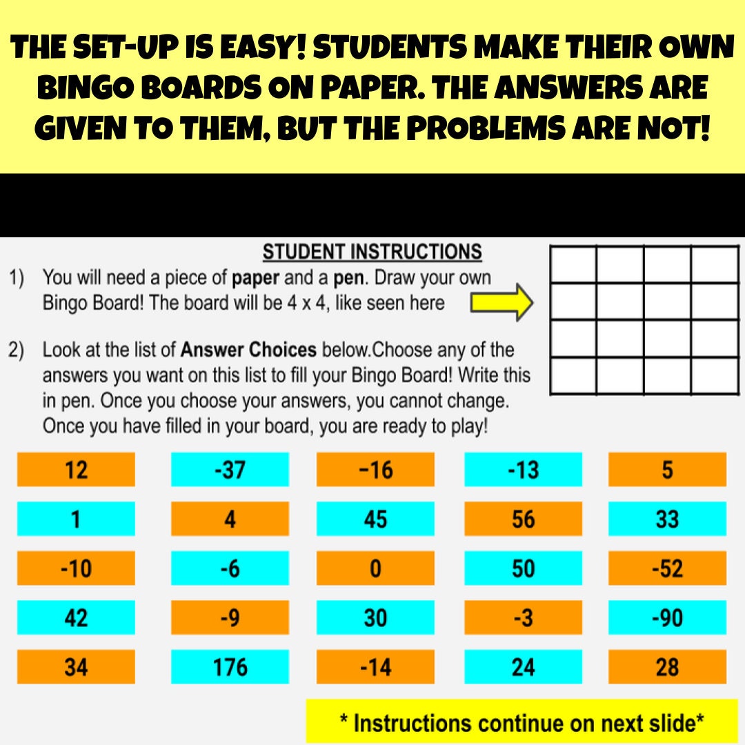 Algebra I Math Bingo Games Set #1- Order of Operations, Add, Subtract ...