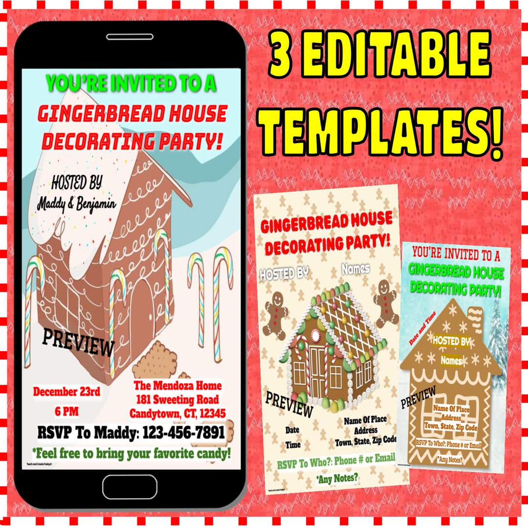 Gingerbread House Party Invitations Three Personalized Editable ...