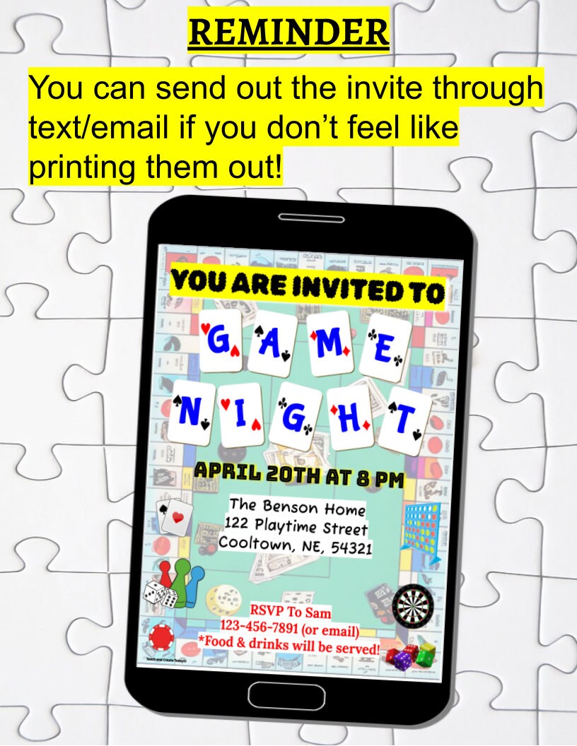 Game Night Party Invitations- Three Personalized Editable Templates on ...
