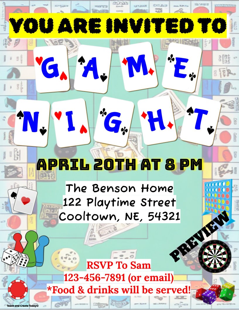 Game Night Party Invitations- Three Personalized Editable Templates on ...