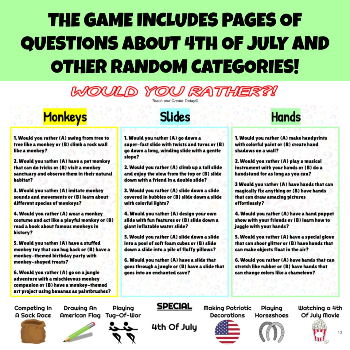 Would You Rather Board Game 4th of July Edition Digital Download Family ...
