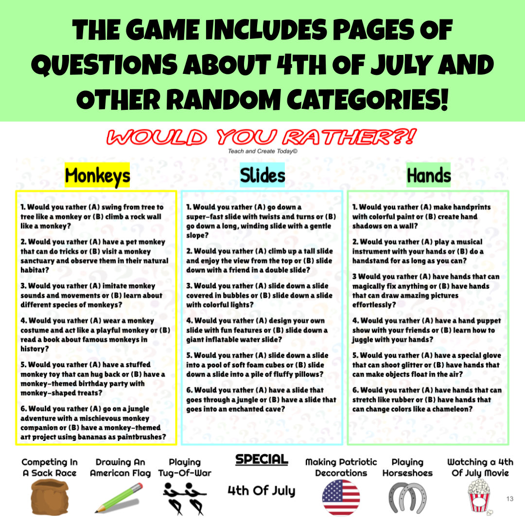 Would You Rather? Board Game 4th of July Edition - Digital Download ...