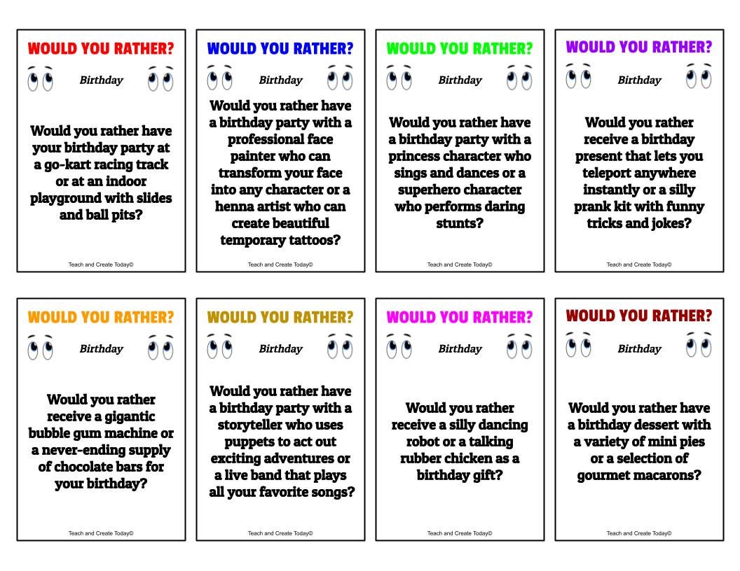 Would You Rather Cards-happy Birthday Edition! Printable 100+ Questions ...