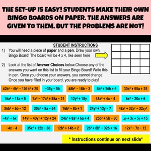 Algebra I Math Bingo Games Set #2- Slope, Factor Quadratic Polynomials ...