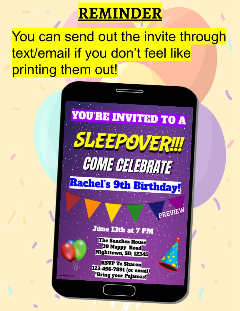 Sleepover Party Invitations Three Personalized Editable Templates on ...