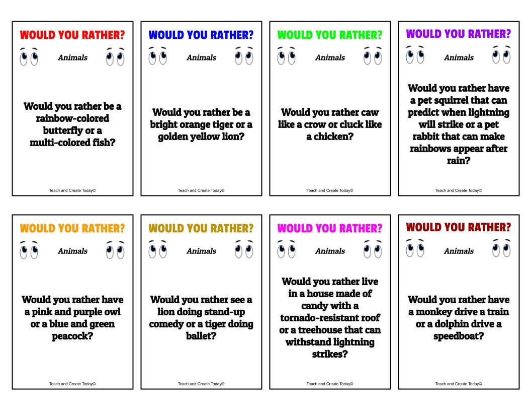 Would You Rather Cards- Animals Edition! Printable 100+ Questions for ...
