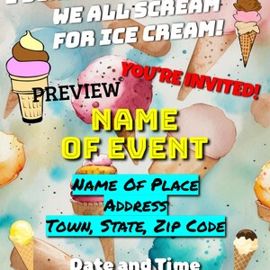Ice Cream Birthday Party Invitations- Three Personalized Editable ...