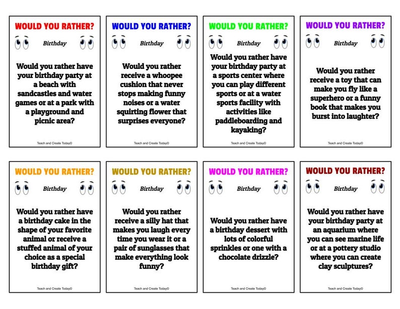 Would You Rather Cards-happy Birthday Edition Printable 100 Questions ...