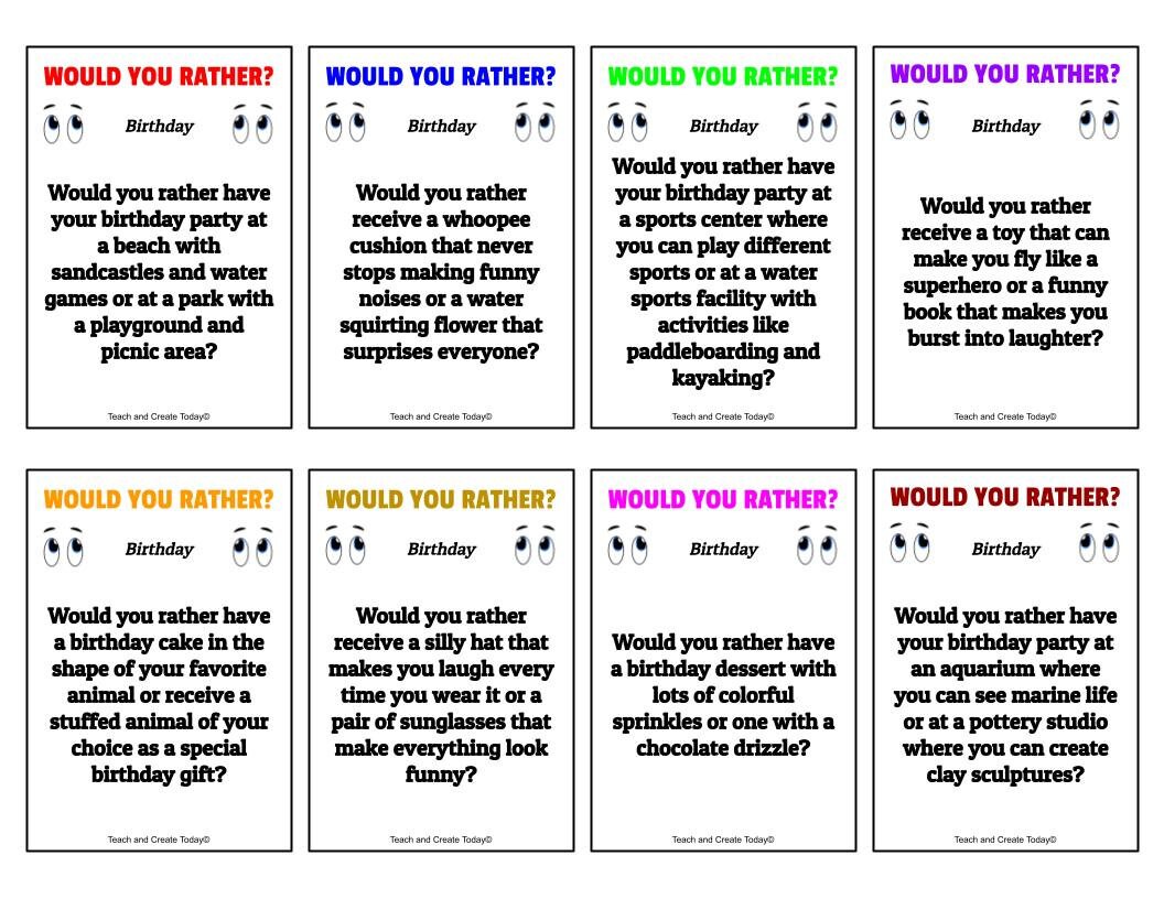 Would You Rather Cards-happy Birthday Edition! Printable 100+ Questions ...