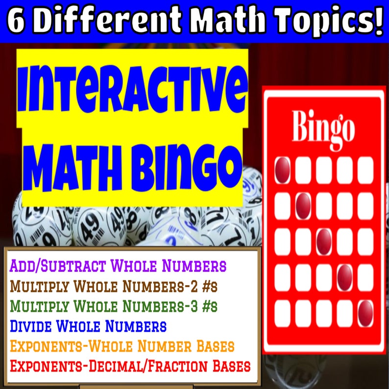 6th Grade Math Bingo Games Set 1 Add, Subtract, Multiply, Divide Whole ...
