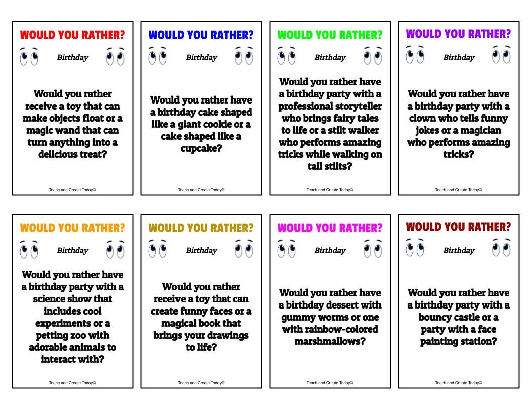 Would You Rather Cards-happy Birthday Edition! Printable 100+ Questions ...