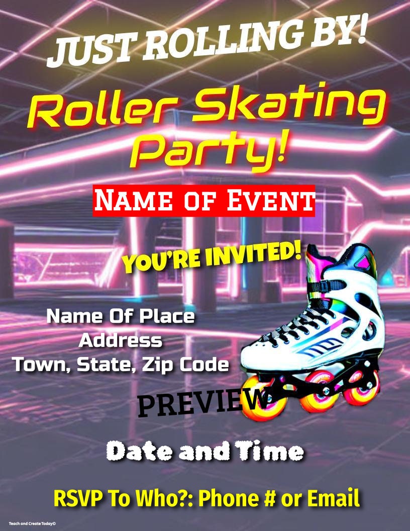 Roller Skating Birthday Party Invitations- Three Personalized Editable ...