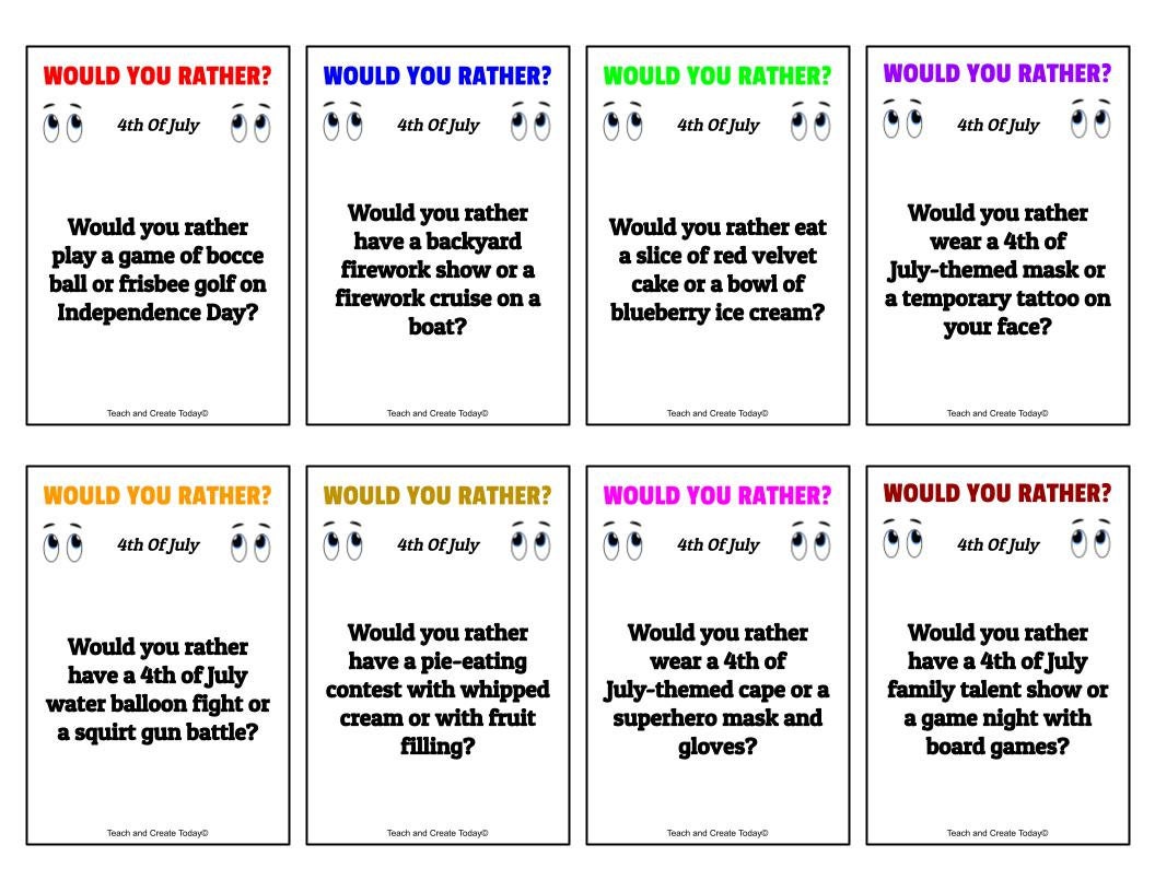 Would You Rather Cards-4th of July Edition Printable 100 Questions for ...