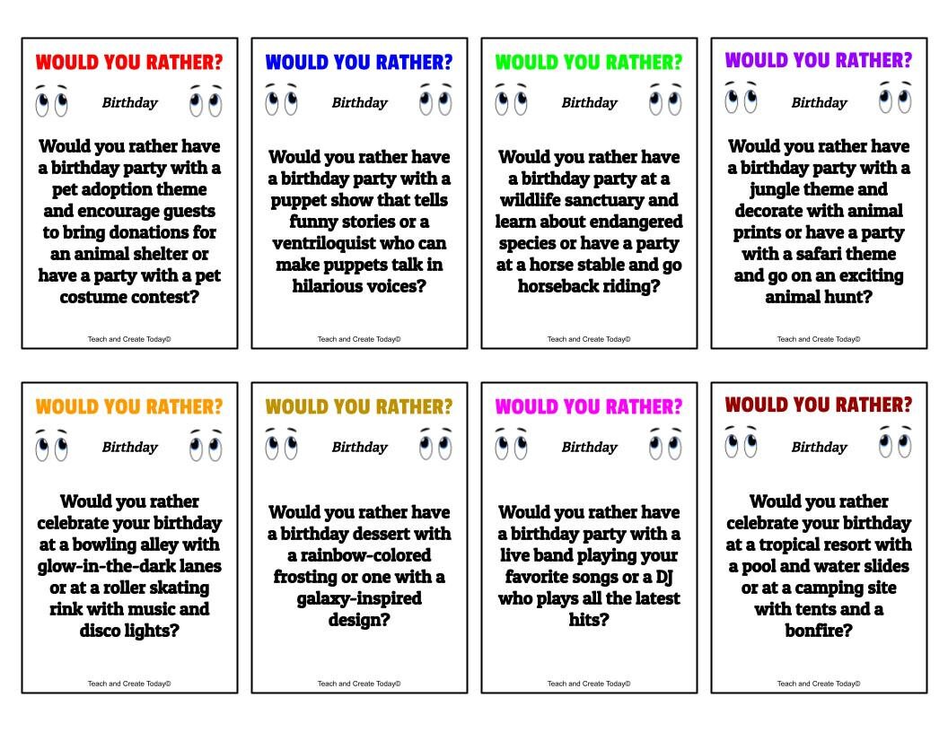 Would You Rather Cards-happy Birthday Edition! Printable 100+ Questions ...
