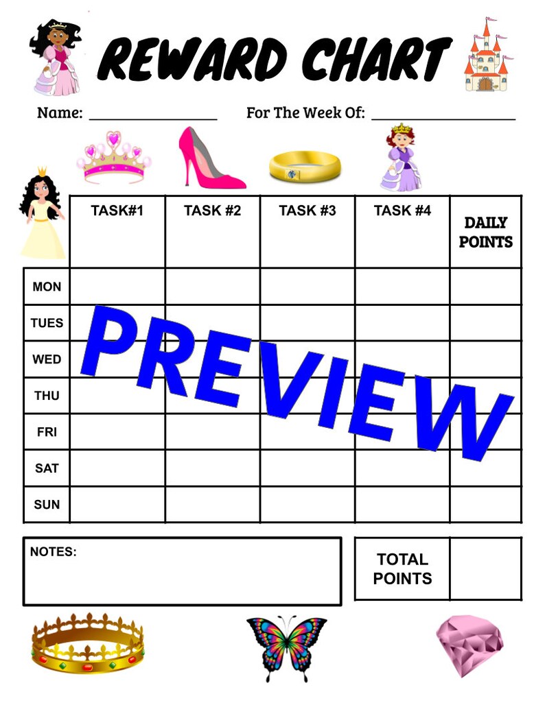 Weekly Reward Chart PRINCESS Theme Motivate Kids With Chores and Good ...