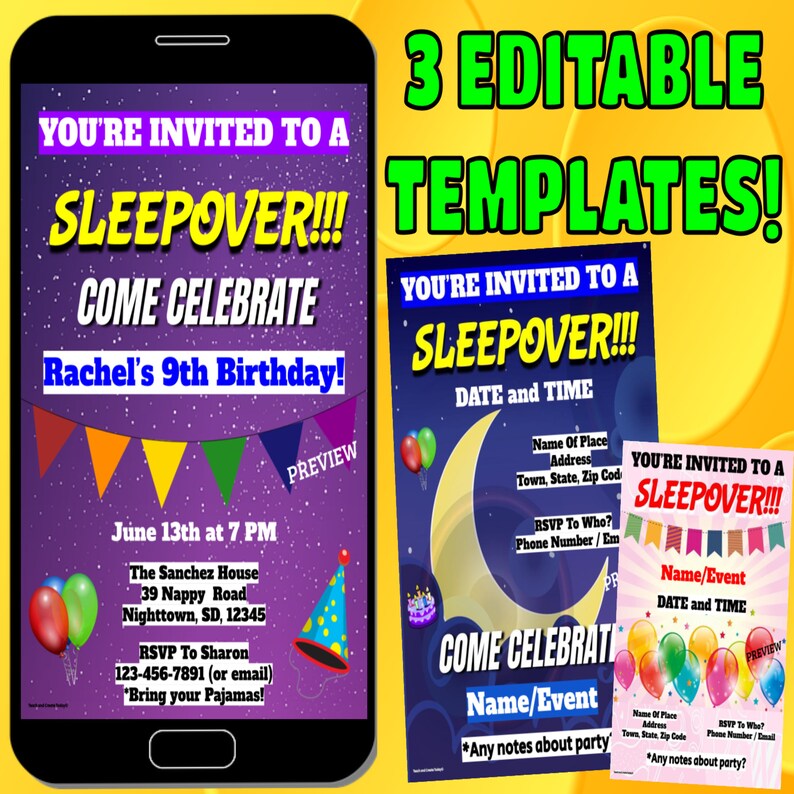 Sleepover Party Invitations Three Personalized Editable Templates on ...