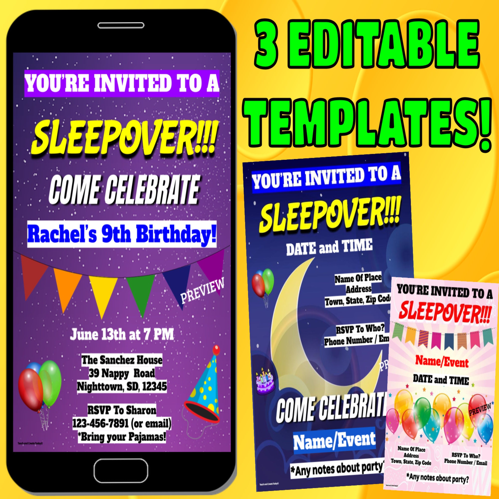 Sleepover Party Invitations Three Personalized Editable Templates on ...