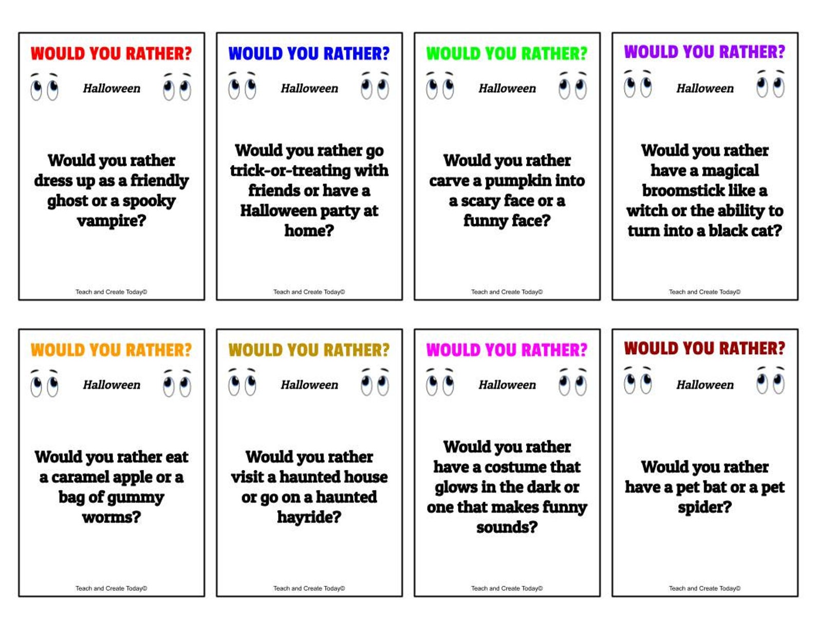 Would You Rather Cards-halloween Edition Printable 100 Questions for ...