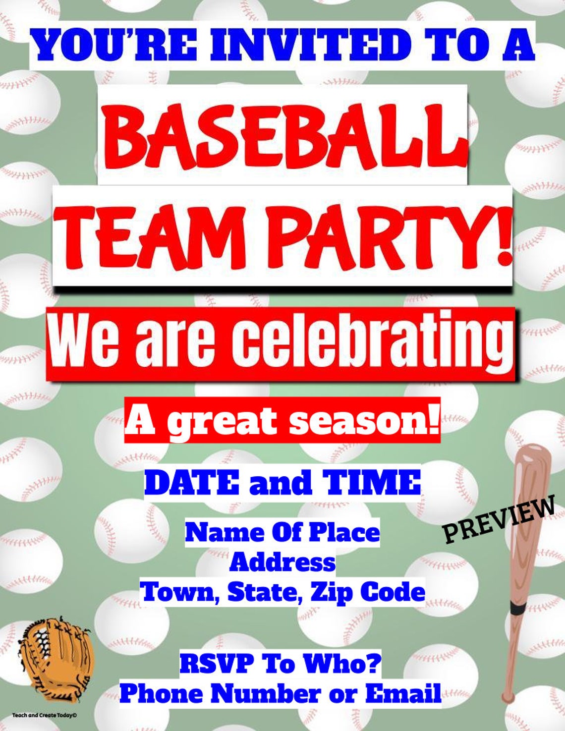 Baseball Team Party Invitations Three Personalized Editable Templates ...