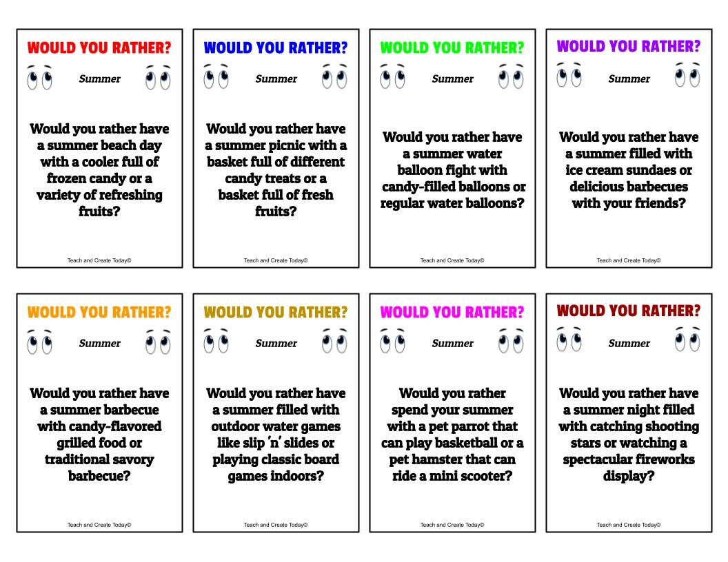 Would You Rather Cards - Summer Edition! Printable 100+ Questions for ...