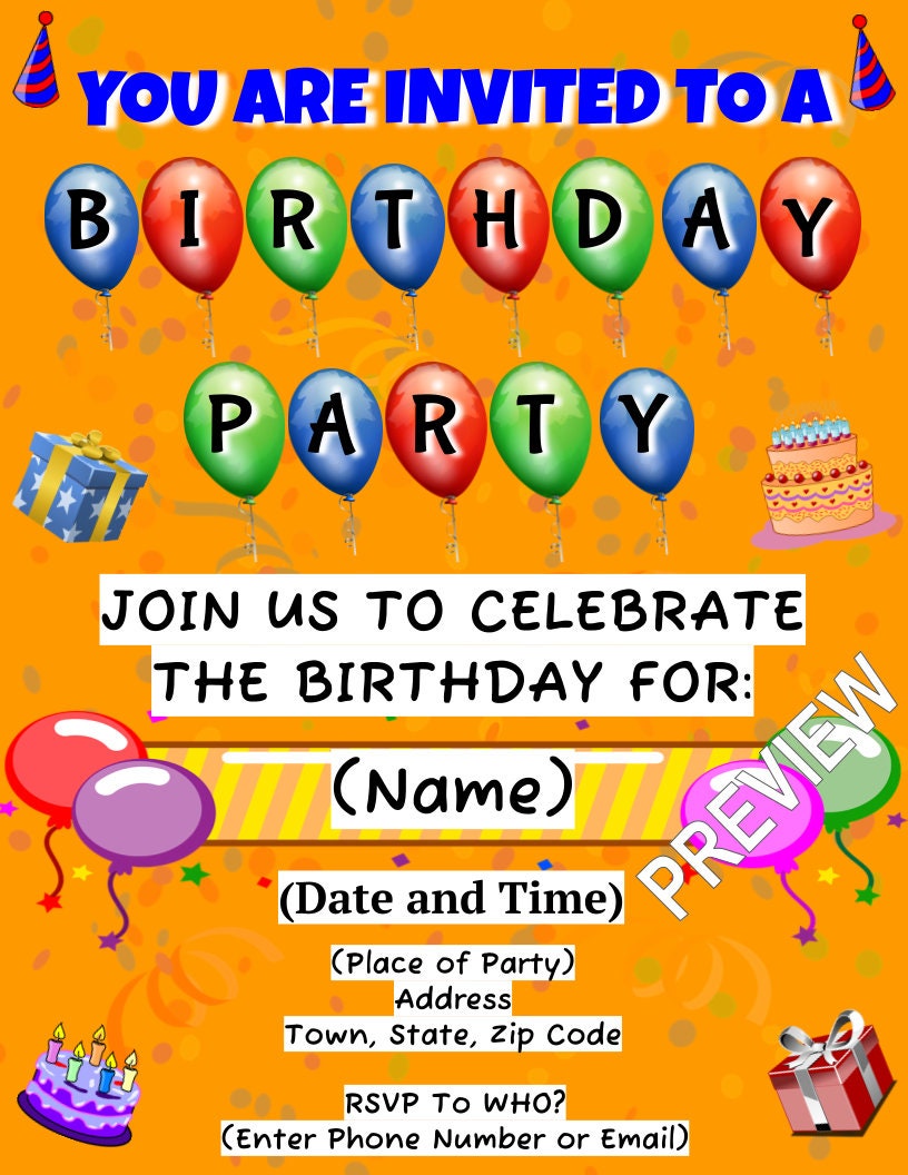 Birthday Party Invitations Three Personalized Editable Templates on ...